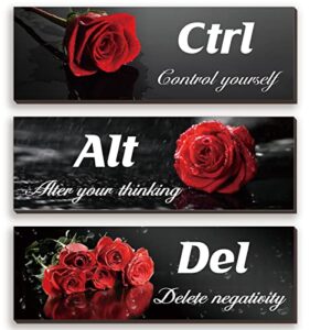 3 pcs red wall decor red roses office decor inspirational flower wooden wall art red decor with positive quotes ctrl alt del for girl women office bedroom bathroom living room (red rose12 x 4 inch)