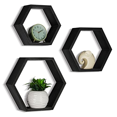 YBING Hexagon Floating Shelves Wall Mounted Black Hexagon Shelves for Wall Set of 3 Wood Honeycomb Shelves for Living Room Farmhouse Decor Wall Hexagon Home Decor Storage Shelves for Bedroom Office