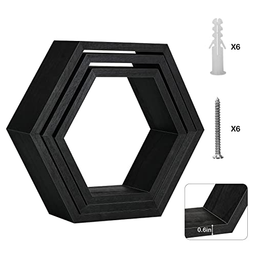 YBING Hexagon Floating Shelves Wall Mounted Black Hexagon Shelves for Wall Set of 3 Wood Honeycomb Shelves for Living Room Farmhouse Decor Wall Hexagon Home Decor Storage Shelves for Bedroom Office