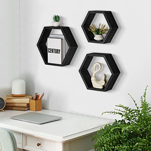 YBING Hexagon Floating Shelves Wall Mounted Black Hexagon Shelves for Wall Set of 3 Wood Honeycomb Shelves for Living Room Farmhouse Decor Wall Hexagon Home Decor Storage Shelves for Bedroom Office