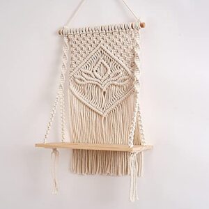 Walbest Macrame Wall Hanging Shelf Decor - Macrame Plant Hanger Boho Wall Decor, Boho Hanging Floating Wall Shelves for Wall Storage Beige