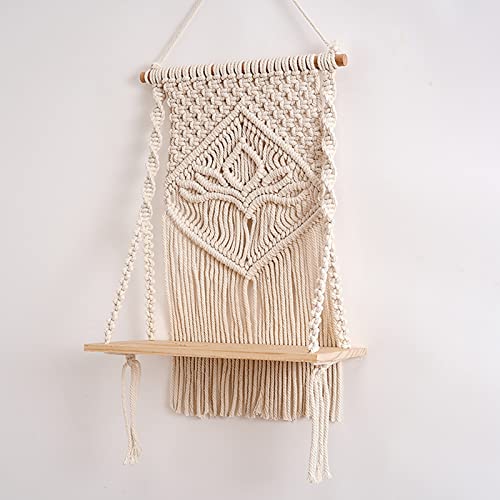 Walbest Macrame Wall Hanging Shelf Decor - Macrame Plant Hanger Boho Wall Decor, Boho Hanging Floating Wall Shelves for Wall Storage Beige