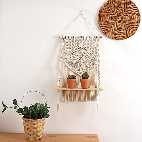 Walbest Macrame Wall Hanging Shelf Decor - Macrame Plant Hanger Boho Wall Decor, Boho Hanging Floating Wall Shelves for Wall Storage Beige