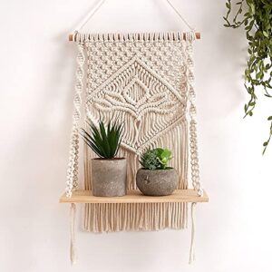 Walbest Macrame Wall Hanging Shelf Decor - Macrame Plant Hanger Boho Wall Decor, Boho Hanging Floating Wall Shelves for Wall Storage Beige