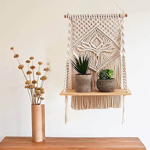 Walbest Macrame Wall Hanging Shelf Decor - Macrame Plant Hanger Boho Wall Decor, Boho Hanging Floating Wall Shelves for Wall Storage Beige