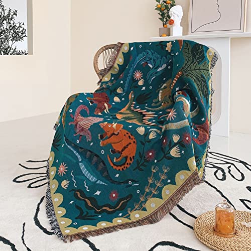 tiowik Dinosaur Animal Throw Woven Blanket with Tassel for Home Decoration Chair Couch Sofa Bed Beach Travel Picnic Cloth Tapestry Shawl Cozy Cotton (Navy Blue 63×51 Inches)