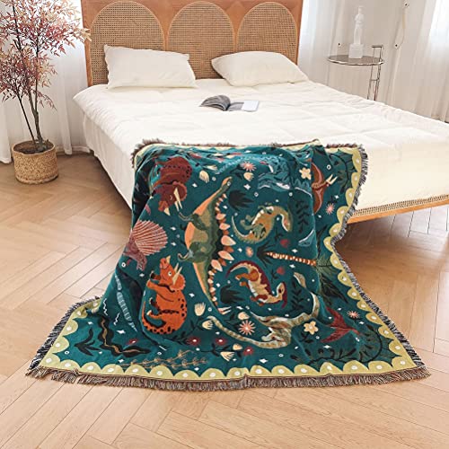 tiowik Dinosaur Animal Throw Woven Blanket with Tassel for Home Decoration Chair Couch Sofa Bed Beach Travel Picnic Cloth Tapestry Shawl Cozy Cotton (Navy Blue 63×51 Inches)