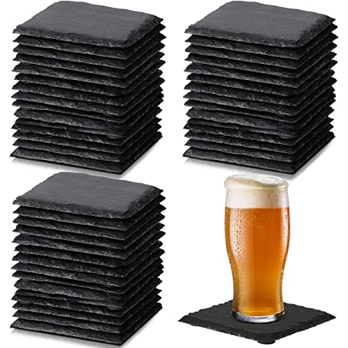 60 Pieces Slate Coasters Bulk, 4 x 4 Inch Black Stone Coasters Square Cup Coasters Set Handmade Drink Coasters Bar Coasters with Anti Scratch Bottom for Coffee Table Kitchen Home