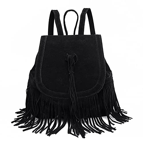 Womens Bucket Bag Drawstring Faux Suede Tassel Crossbody Shoulder Backpack (Black)