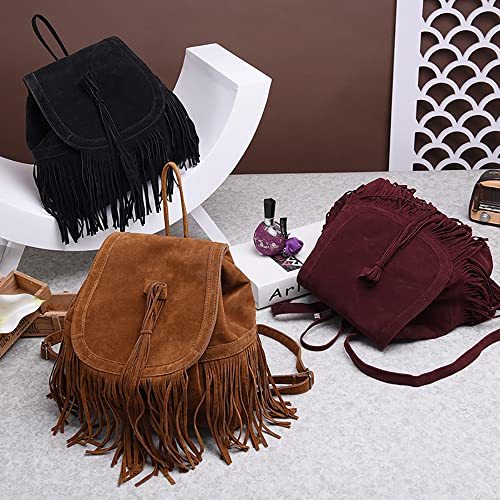 Womens Bucket Bag Drawstring Faux Suede Tassel Crossbody Shoulder Backpack (Black)