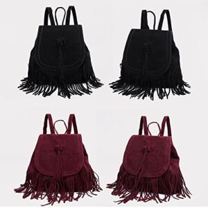 Womens Bucket Bag Drawstring Faux Suede Tassel Crossbody Shoulder Backpack (Black)