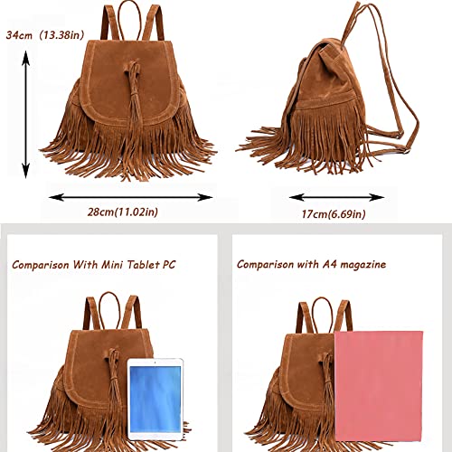 Womens Bucket Bag Drawstring Faux Suede Tassel Crossbody Shoulder Backpack (Black)