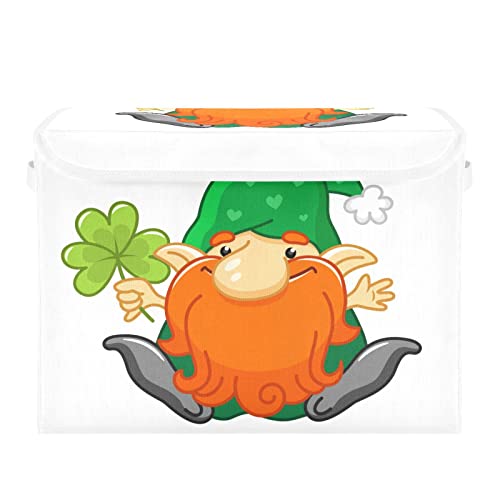 Kigai St.patrick's Day Cute Gnome Storage Basket with Lid,Collapsible Storage Box Fabric Storage Bin for Closet,Office,Bedroom,Nursery