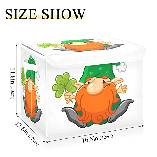 Kigai St.patrick's Day Cute Gnome Storage Basket with Lid,Collapsible Storage Box Fabric Storage Bin for Closet,Office,Bedroom,Nursery