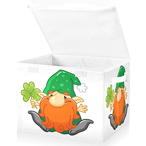 Kigai St.patrick's Day Cute Gnome Storage Basket with Lid,Collapsible Storage Box Fabric Storage Bin for Closet,Office,Bedroom,Nursery