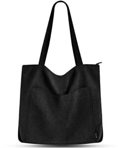 prite corduroy tote bag for women large shoulder bag with zipper and pockets for college school work travel shopping (black)