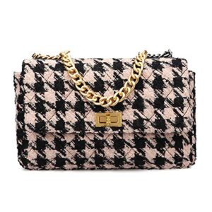 women houndstooth shoulder bag ladies fashion pu leather top handle woolen cloth crossbody underarm bag satchel purse handbag (coffee)