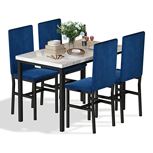 Hooseng Dining Table Set for 4- Space Saving Kitchen Table and Chairs for 4, Modern Style Faux Marble Tabletop & 4 Blue Velvet Chairs, Perfect for Dining Room, Kitchen, Breakfast Corner Small Spaces