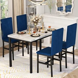 Hooseng Dining Table Set for 4- Space Saving Kitchen Table and Chairs for 4, Modern Style Faux Marble Tabletop & 4 Blue Velvet Chairs, Perfect for Dining Room, Kitchen, Breakfast Corner Small Spaces