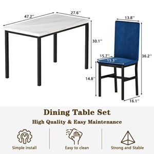 Hooseng Dining Table Set for 4- Space Saving Kitchen Table and Chairs for 4, Modern Style Faux Marble Tabletop & 4 Blue Velvet Chairs, Perfect for Dining Room, Kitchen, Breakfast Corner Small Spaces