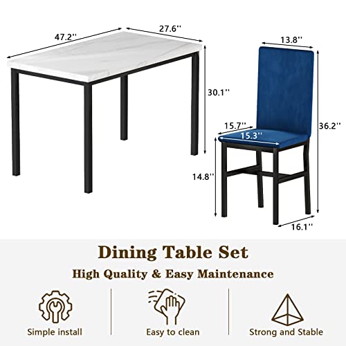 Hooseng Dining Table Set for 4- Space Saving Kitchen Table and Chairs for 4, Modern Style Faux Marble Tabletop & 4 Blue Velvet Chairs, Perfect for Dining Room, Kitchen, Breakfast Corner Small Spaces