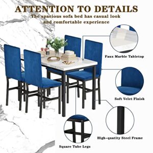 Hooseng Dining Table Set for 4- Space Saving Kitchen Table and Chairs for 4, Modern Style Faux Marble Tabletop & 4 Blue Velvet Chairs, Perfect for Dining Room, Kitchen, Breakfast Corner Small Spaces