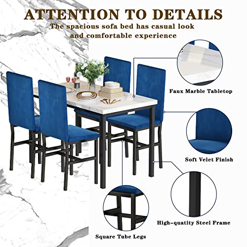 Hooseng Dining Table Set for 4- Space Saving Kitchen Table and Chairs for 4, Modern Style Faux Marble Tabletop & 4 Blue Velvet Chairs, Perfect for Dining Room, Kitchen, Breakfast Corner Small Spaces