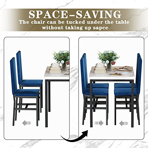 Hooseng Dining Table Set for 4- Space Saving Kitchen Table and Chairs for 4, Modern Style Faux Marble Tabletop & 4 Blue Velvet Chairs, Perfect for Dining Room, Kitchen, Breakfast Corner Small Spaces