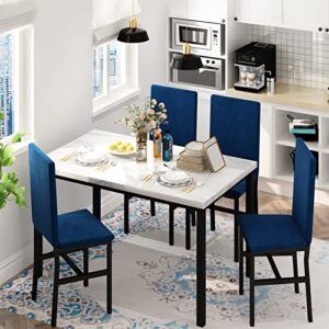 Hooseng Dining Table Set for 4- Space Saving Kitchen Table and Chairs for 4, Modern Style Faux Marble Tabletop & 4 Blue Velvet Chairs, Perfect for Dining Room, Kitchen, Breakfast Corner Small Spaces