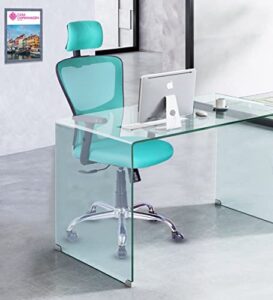 casa copenhagen california chair with adjustable lumbar support, high-back mesh computer chair – headrest, soft sponge cushion, swivel desk task chair for work or home – teal