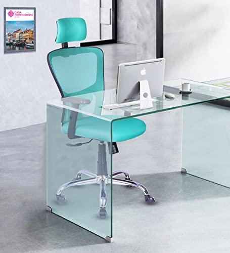 Casa Copenhagen California Chair with Adjustable Lumbar Support, High-Back Mesh Computer Chair - Headrest, Soft Sponge Cushion, Swivel Desk Task Chair for Work or Home - Teal