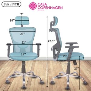 Casa Copenhagen California Chair with Adjustable Lumbar Support, High-Back Mesh Computer Chair - Headrest, Soft Sponge Cushion, Swivel Desk Task Chair for Work or Home - Teal