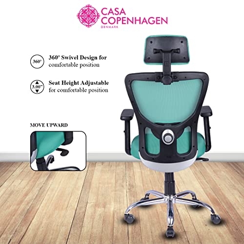 Casa Copenhagen California Chair with Adjustable Lumbar Support, High-Back Mesh Computer Chair - Headrest, Soft Sponge Cushion, Swivel Desk Task Chair for Work or Home - Teal