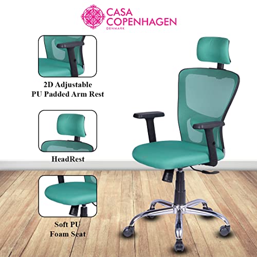 Casa Copenhagen California Chair with Adjustable Lumbar Support, High-Back Mesh Computer Chair - Headrest, Soft Sponge Cushion, Swivel Desk Task Chair for Work or Home - Teal