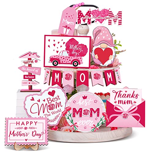 16 Pcs Mother's Day Heart Tiered Tray Decor Happy Mother's Day Wooden Sign Gnome Truck Mom Letters Wooden Decor Mothers Day Table Decorations for Mother's Gift Party Supplies (Heart Style)