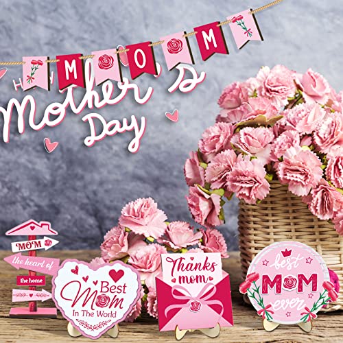 16 Pcs Mother's Day Heart Tiered Tray Decor Happy Mother's Day Wooden Sign Gnome Truck Mom Letters Wooden Decor Mothers Day Table Decorations for Mother's Gift Party Supplies (Heart Style)