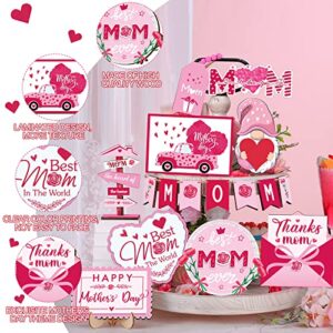 16 Pcs Mother's Day Heart Tiered Tray Decor Happy Mother's Day Wooden Sign Gnome Truck Mom Letters Wooden Decor Mothers Day Table Decorations for Mother's Gift Party Supplies (Heart Style)