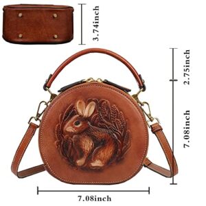 AyTotoro Women Designer Circular Handbag Genuine Leather Ladies Bunny Round Crossbody Purse Top Handle Satchel Shoulder Bag (Brown)