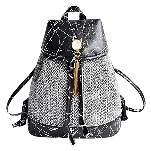 Drawstring Small Backpack Bag Women Pattern Cover Stone Backpack Tassel Lock Mini Backpacks for (Black-b, One Size)