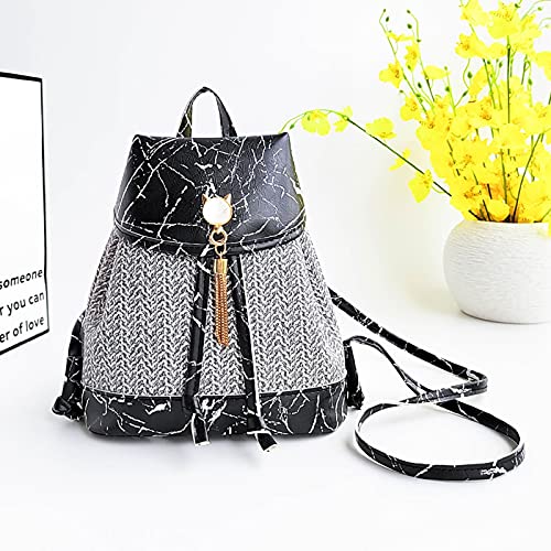 Drawstring Small Backpack Bag Women Pattern Cover Stone Backpack Tassel Lock Mini Backpacks for (Black-b, One Size)