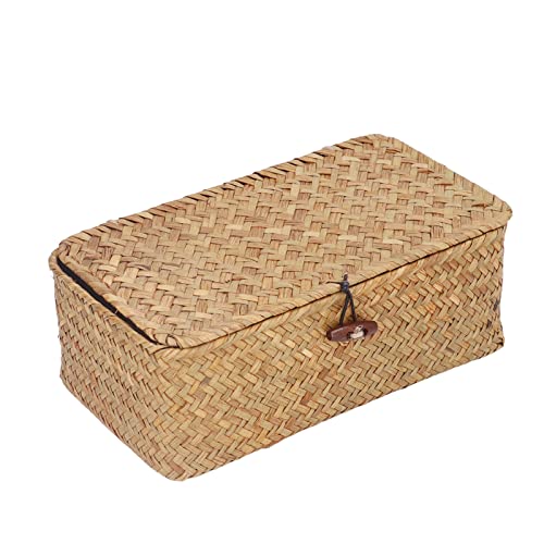 Shelf Baskets Seagrass Rectangular Storage Box Basket Decorative Wicker Baskets Multipurpose Container with Lid for Shelf Organize Storage(M )