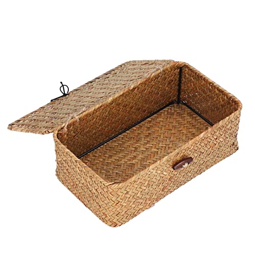 Shelf Baskets Seagrass Rectangular Storage Box Basket Decorative Wicker Baskets Multipurpose Container with Lid for Shelf Organize Storage(M )