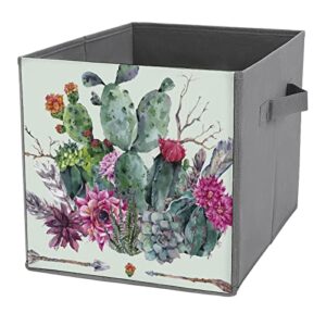 cacti succulent foldable storage bins printd fabric cube baskets boxes with handles for clothes toys, 11x11x11