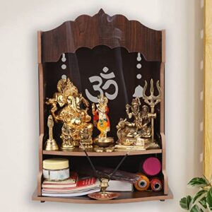 wallzy pooja wooden mandir for home wall mounted | wood puja home temple with double shelf for storage and god idols decoration for living room, bedroom and office