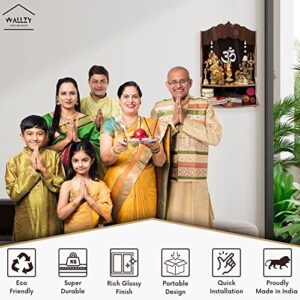 WALLZY Pooja Wooden Mandir for Home Wall Mounted | Wood Puja Home Temple with Double Shelf for Storage and God Idols Decoration for Living Room, Bedroom and Office