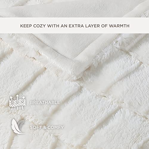 Stassie Faux Fur Throw Blanket – Soft and Elegant Blanket for Couch and Bed - 380 GSM – Cozy & Warm - Luxurious Carved Design (White)