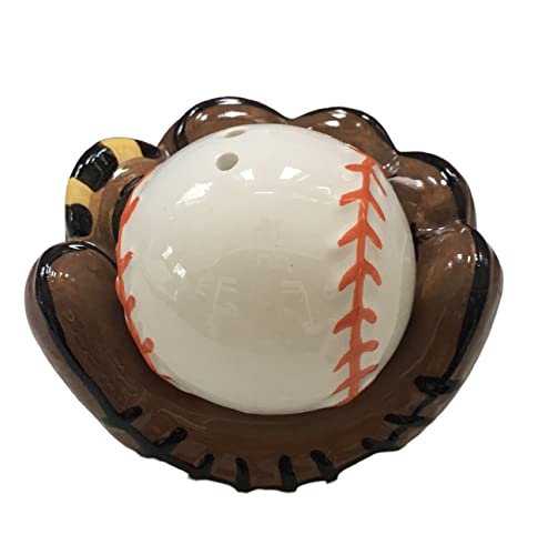 Baseball Glove & Base Ball with Stitching {Real Look} Salt and Pepper Shakers, Catchers Mit 3-1/4" Premium Quality Glazed Ceramic