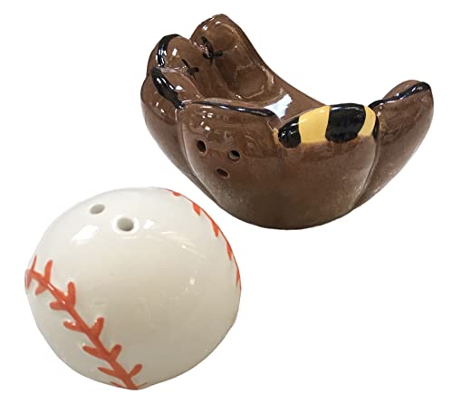 Baseball Glove & Base Ball with Stitching {Real Look} Salt and Pepper Shakers, Catchers Mit 3-1/4" Premium Quality Glazed Ceramic