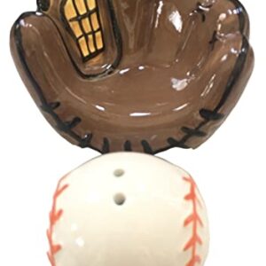 Baseball Glove & Base Ball with Stitching {Real Look} Salt and Pepper Shakers, Catchers Mit 3-1/4" Premium Quality Glazed Ceramic