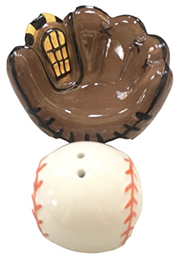 Baseball Glove & Base Ball with Stitching {Real Look} Salt and Pepper Shakers, Catchers Mit 3-1/4" Premium Quality Glazed Ceramic